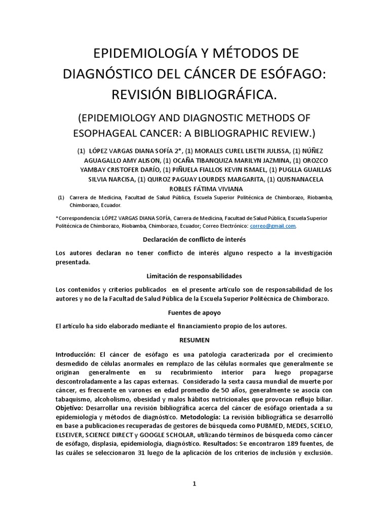EPIDEMIOLOGÍA Y MÉTODOS DE DIAGNÓSTICO DEL CÁNCER DE ESÓFAGO | PDF ...