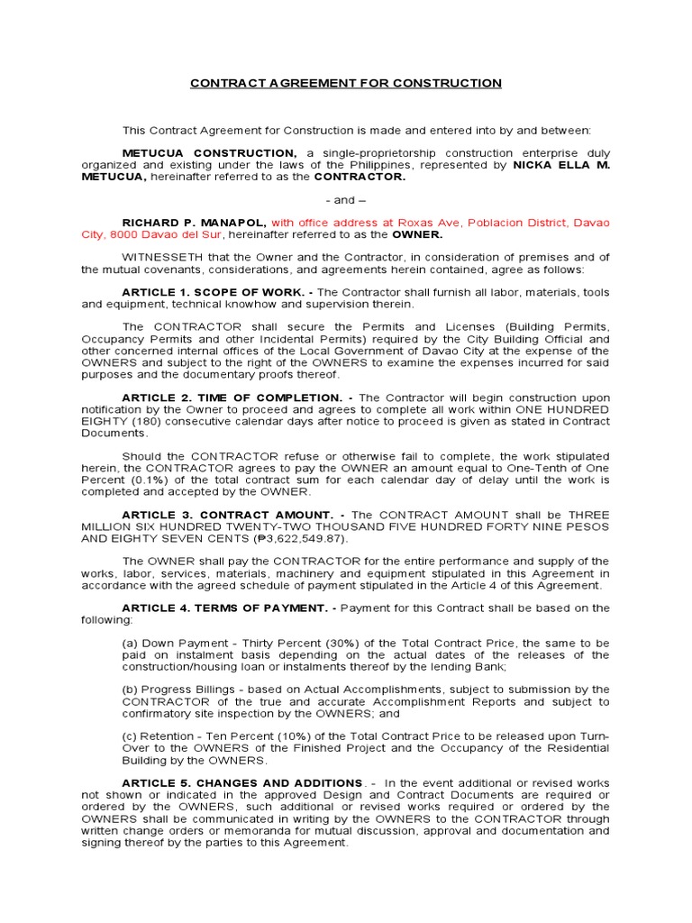 Contract Agreement For Construction: With Office Address at Roxas Ave ...