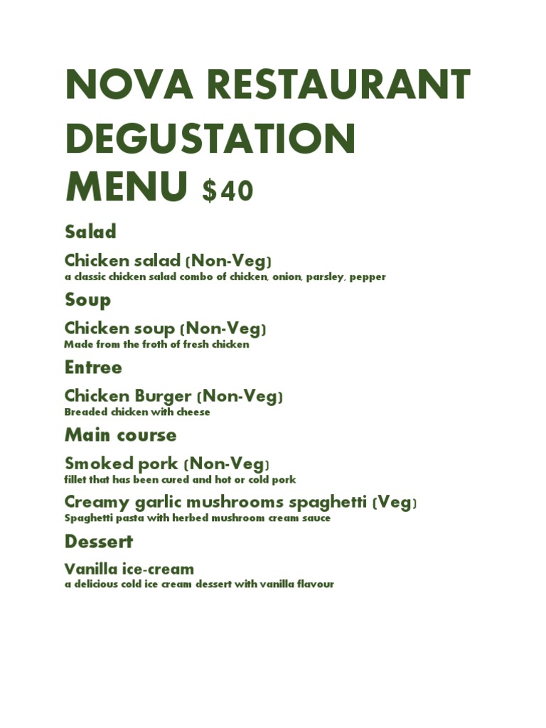Nova Restaurant Degustation MENU $40: Salad Soup Entree Main Course ...