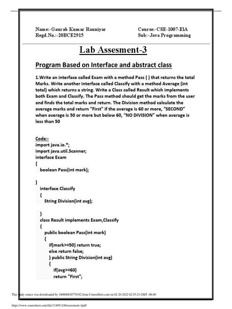Lab Assesment 3 Program Based On Interface And Abstract Class Pdf