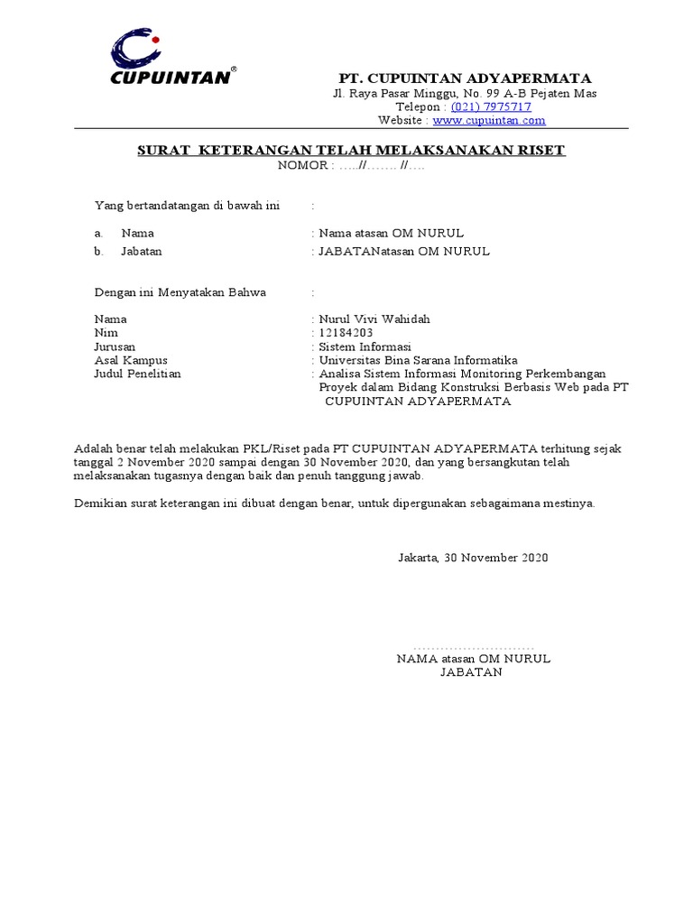 Surat Keterangan Riset NurulSchyfa | PDF