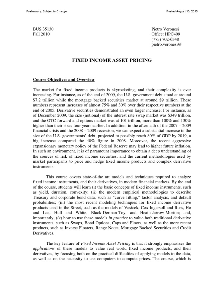 Fixed Income Asset Pricing: Course Objectives and Overview | PDF ...