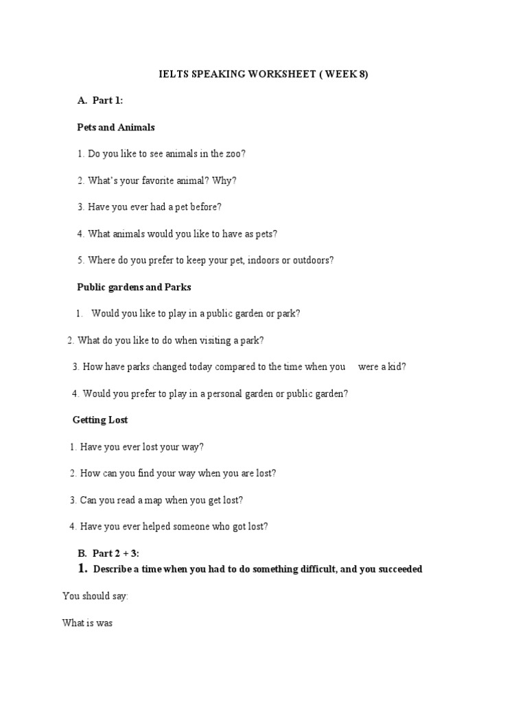 Ielts Speaking Worksheet (Week 8) ) | PDF
