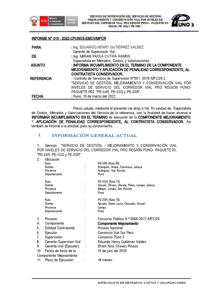 Informe #015 Comunica Penalidad | PDF