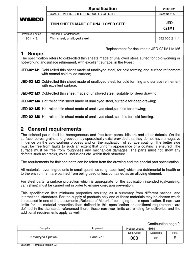 Specification for Cold-Rolled Thin Sheets Made of Unalloyed Steel for ...