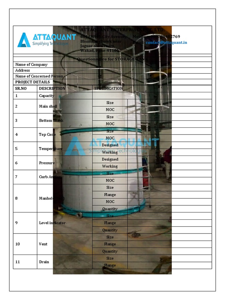 Attaquant Enterprises Pvt. LTD.: Questionnaire For STORAGE TANK | PDF ...