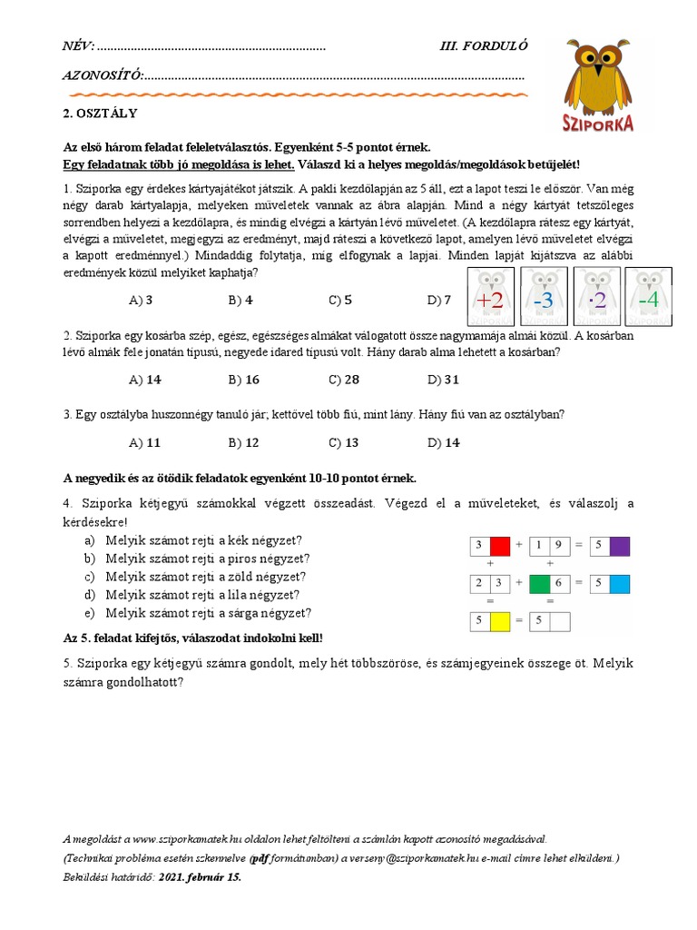 SZIPORKA 2020 - 2021 2. Osztály 3. Forduló | PDF