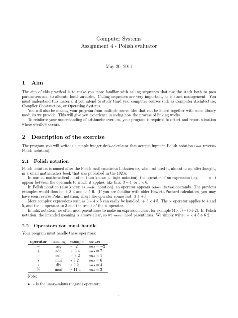 Computer Systems Assignment 4 - Polish Evaluator | PDF | Subroutine | Random Access Memory