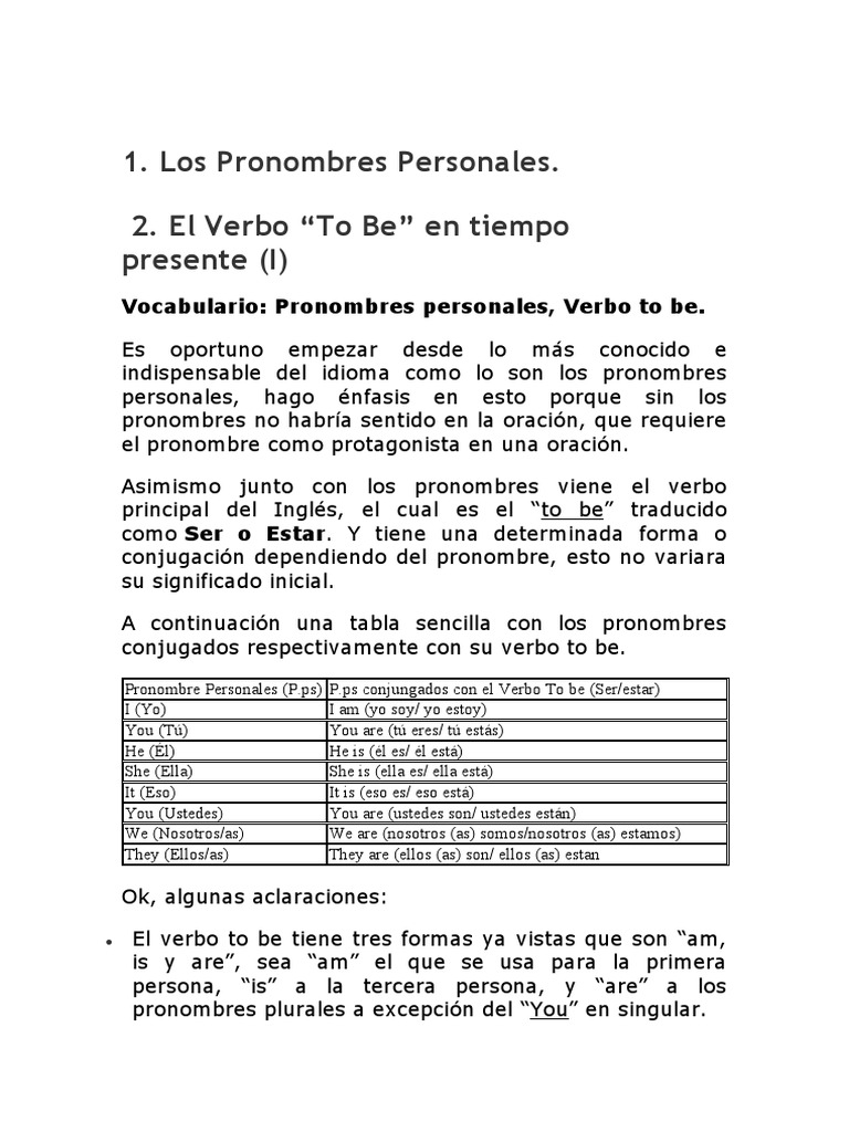Pronombres Personales y Verbo To be-INGLES | PDF | Verbo | Pronombre