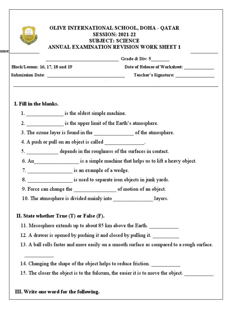 Grade 5 Annual Science WS-1 | PDF | Atmosphere Of Earth | Friction