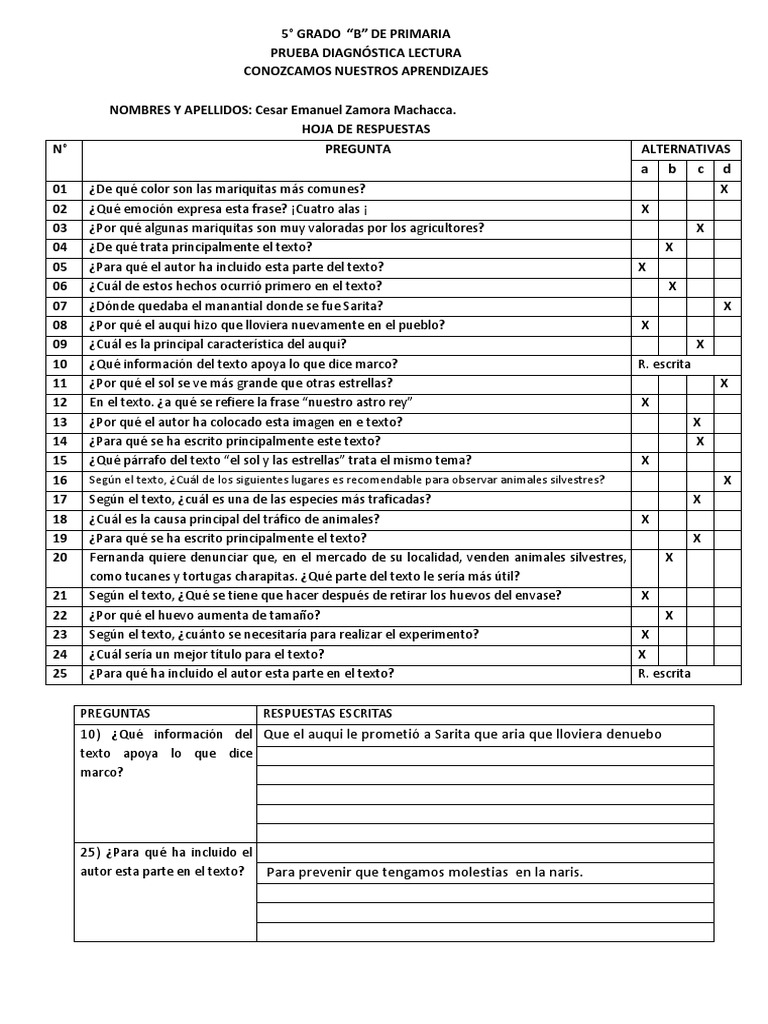 HOJA DE RESPUESTA COMUNICACIÓN 5° B (1) - Cesar Emanuel | PDF