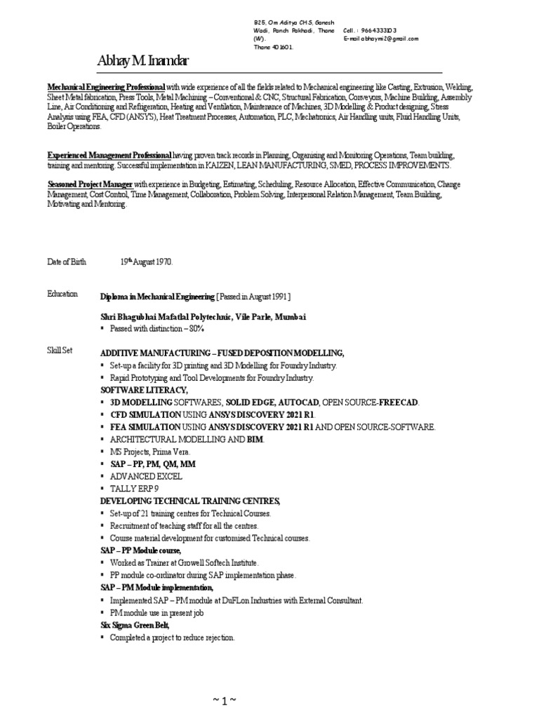 AMI Resume (1) | PDF | Mechanical Engineering | Automation