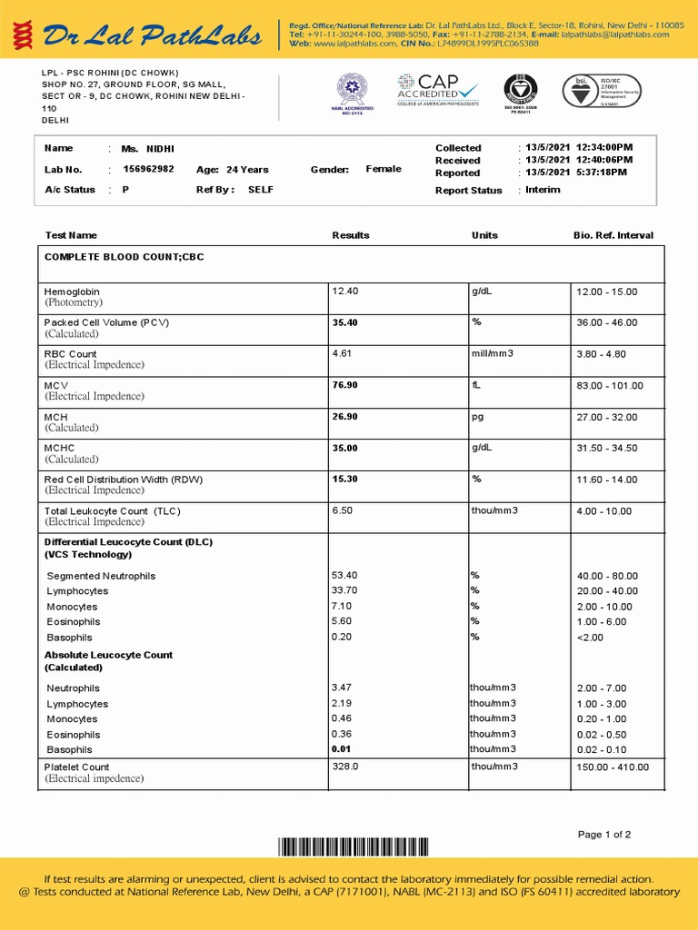 Complete Blood Count Report - Rohini | PDF | White Blood Cell | Medical ...