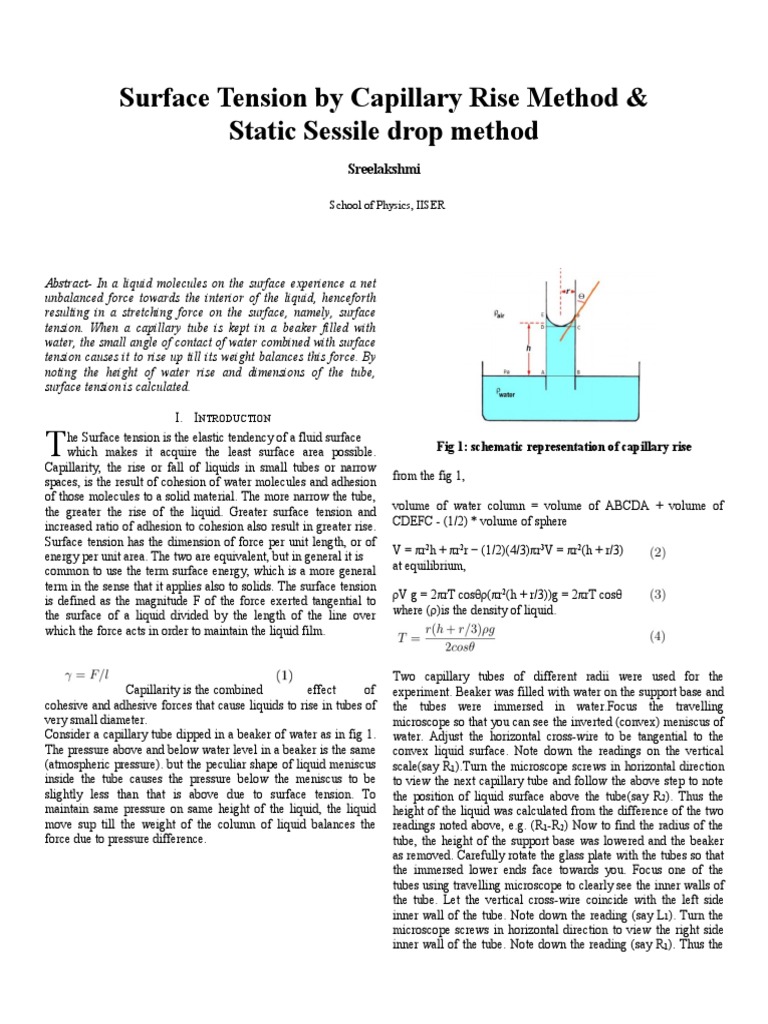 Surface Tension by Capillary Method | PDF | Science & Mathematics