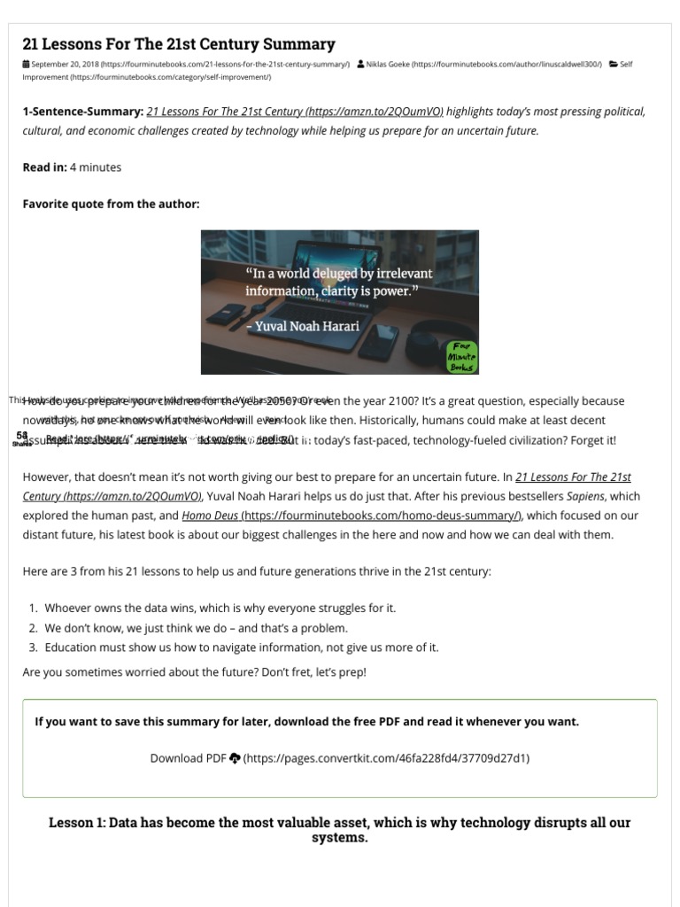 21 Lessons For The 21st Century Summary - Four Minute Books | PDF ...