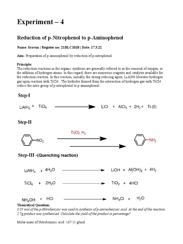 Experiment - 4: Reduction of P-Nitrophenol To P-Aminophenol | PDF ...
