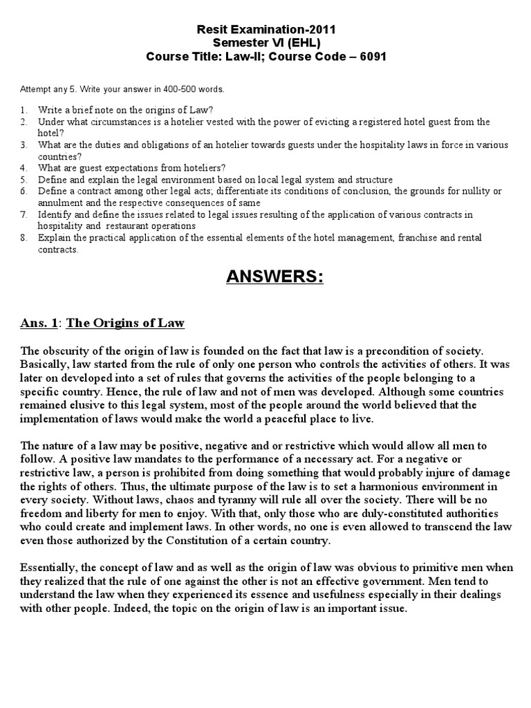 Answers:: Resit Examination-2011 Semester VI (EHL) Course Title: Law-II ...