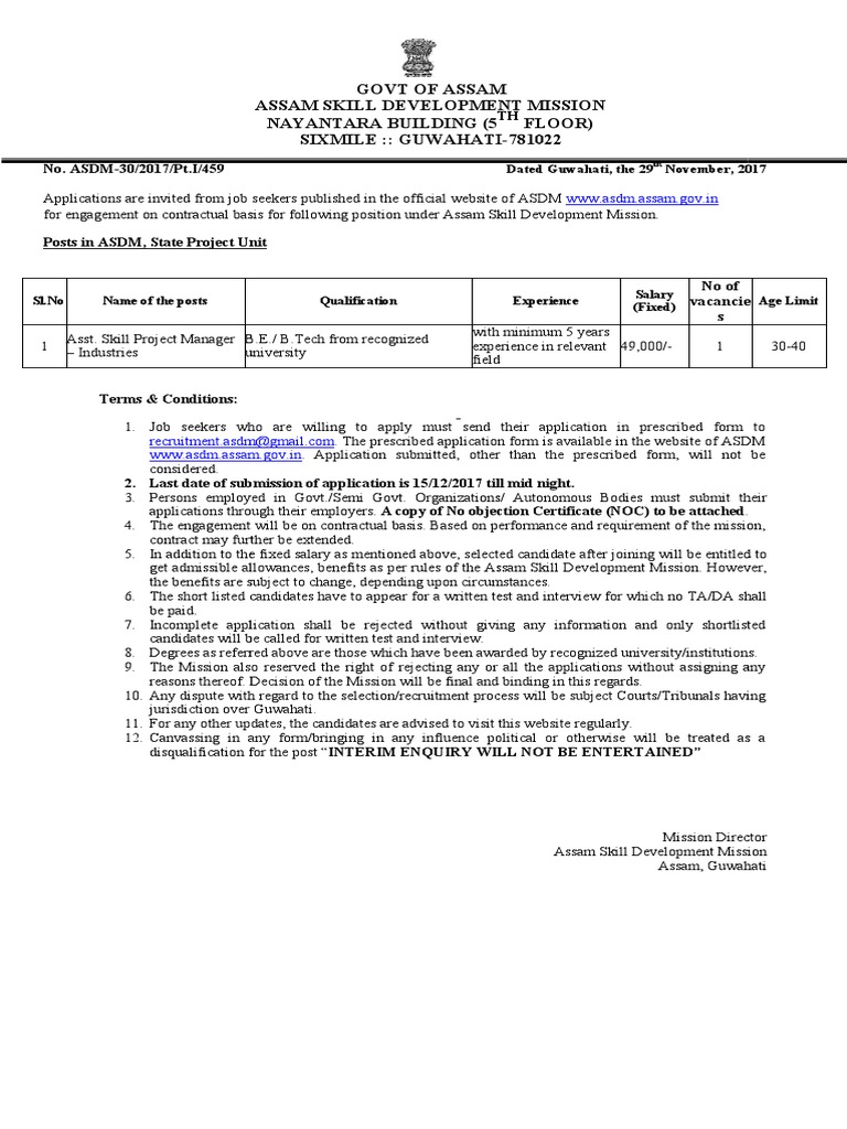 Recruitment Under Assam Skill Development Mission For APM Industries ...