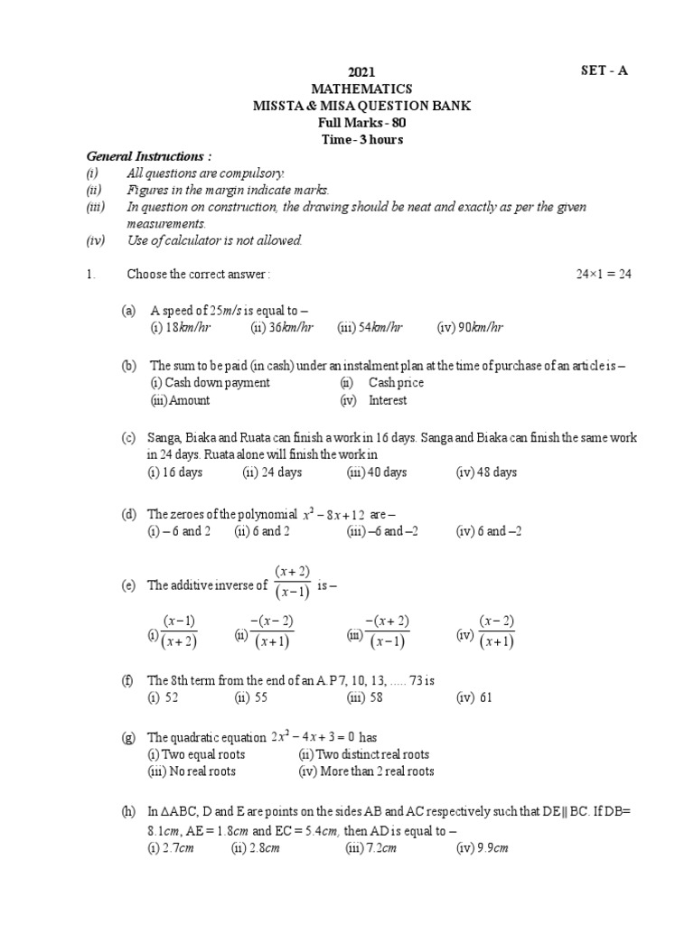 MISSTA Maths Sample Questions | PDF | Triangle | Sphere