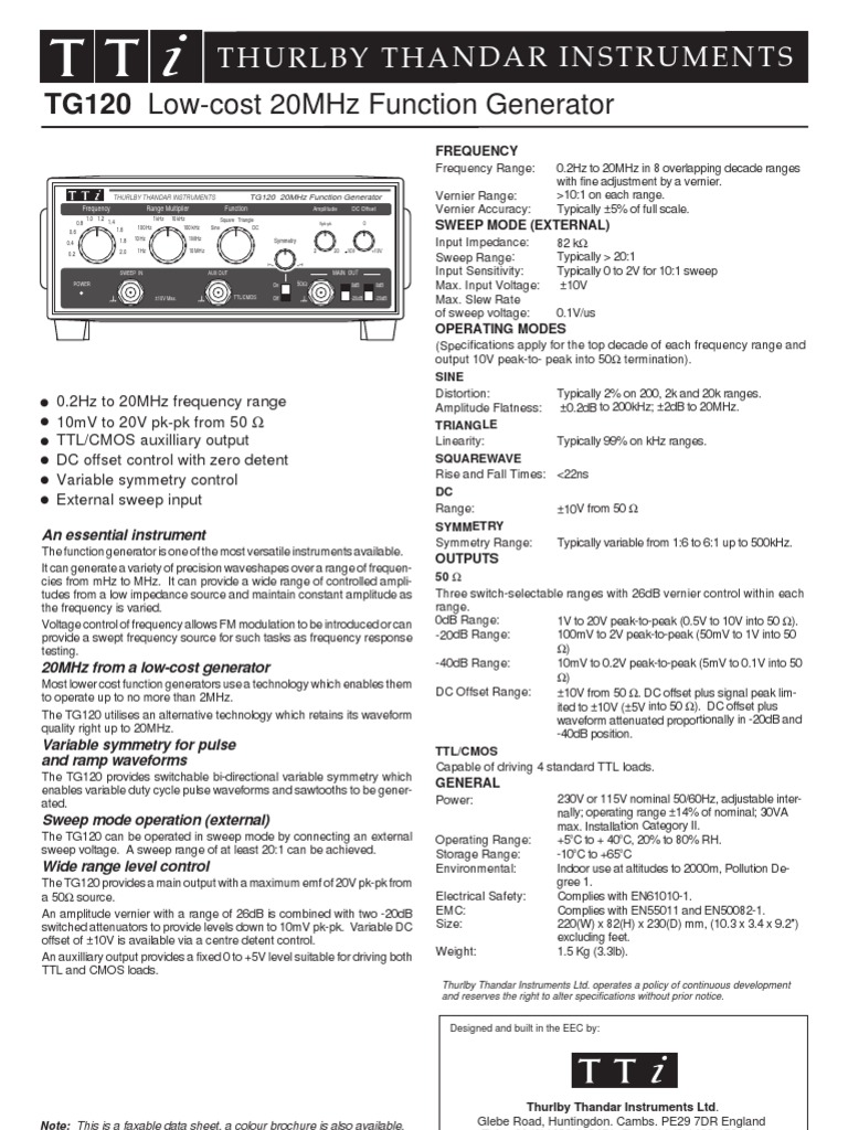 Tg120 Low-Cost 20Mhz Function Generator: Thurlby Thandar Instruments ...