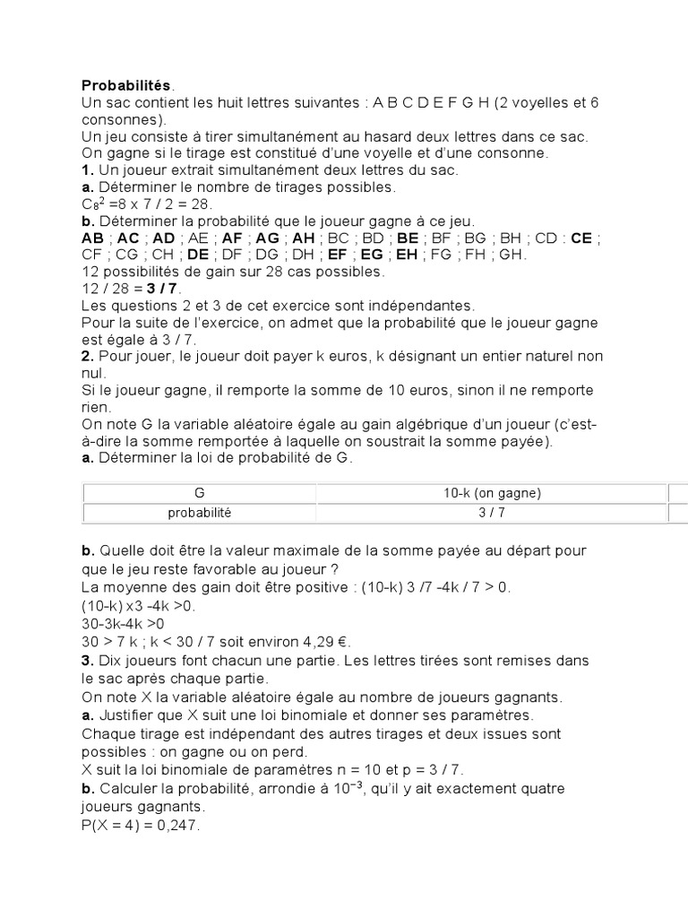 Probabilités de gains dans un jeu de lettres | PDF