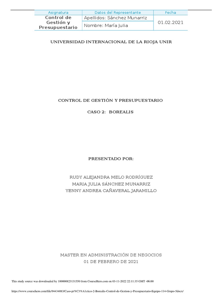 Caso PR Ctico 2 Borealis Control de Gestion y Presupuestario Equipo 114 Grupo 5 | PDF ...