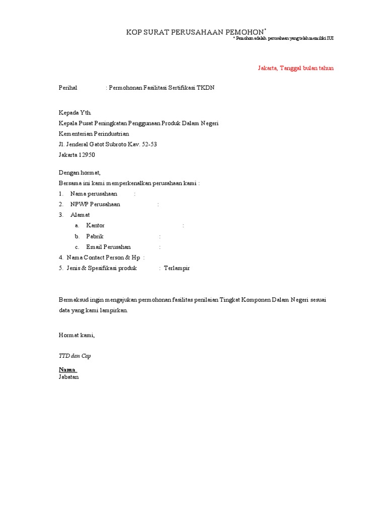 Format Surat Permohonan Fasilitasi Sertifikasi TKDN - 2022-1 | PDF