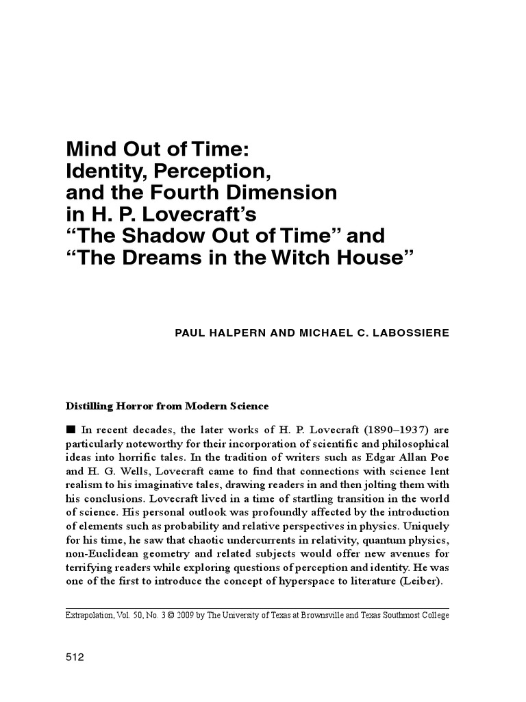 Mind Out of Time Identity, Perception, and The Fourth Dimension in H. P. Lovecraft's "The Shadow ...