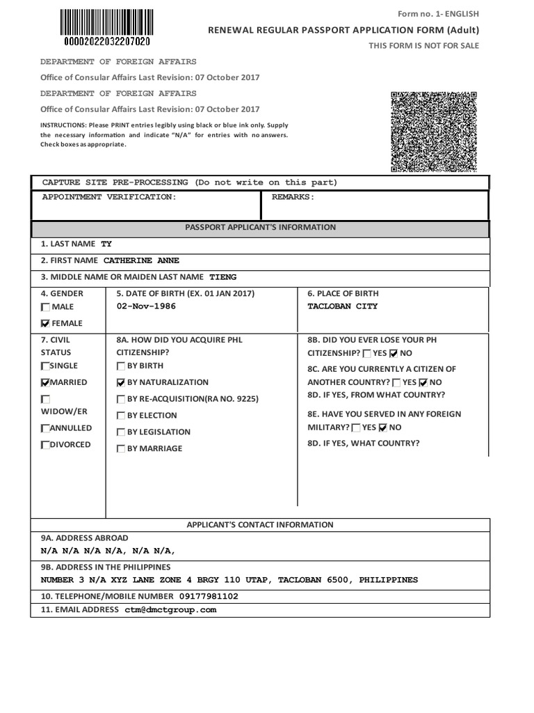 Renewal Regular Passport Application Form (Adult) : Department of ...
