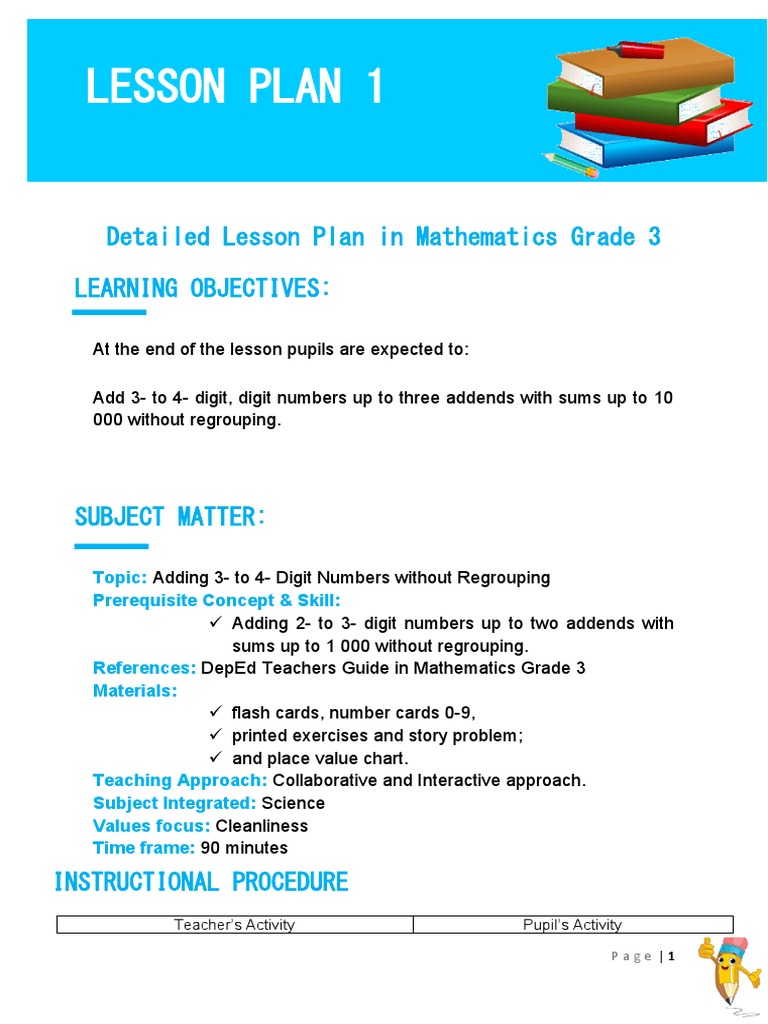 Lesson Plan 1: Detailed Lesson Plan in Mathematics Grade 3 Learning ...