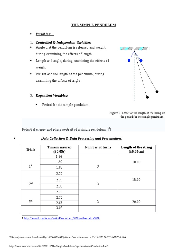The Simple Pendulum Experiment and Conclusion Lab | PDF | Pendulum | Mass