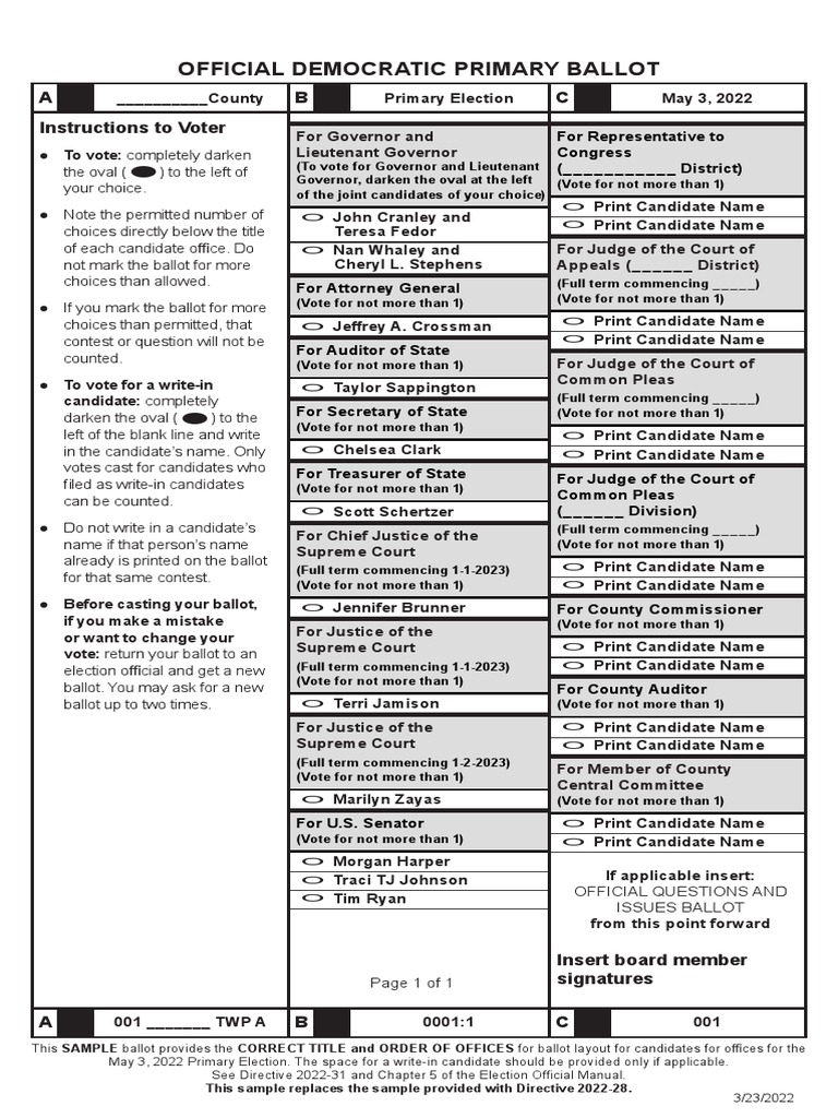 Official Democratic Primary Sample Ballot | PDF | Elections | The ...