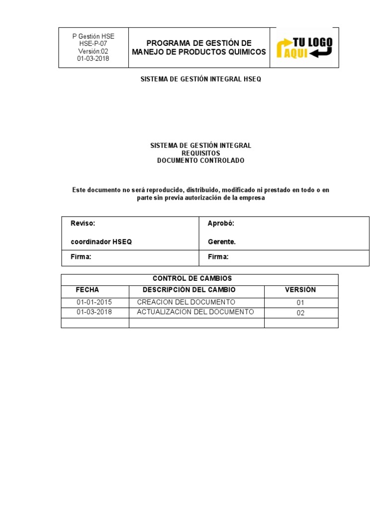 Hse-P-07. Programa de Gestión en Manejo de Productos Quimicos | PDF ...