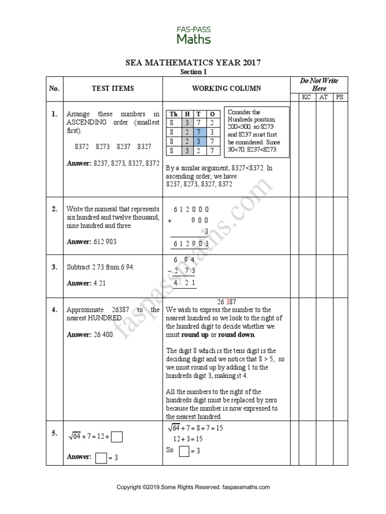 Sea Mathematics Year 2017: Section I No. Test Items Working Column ...