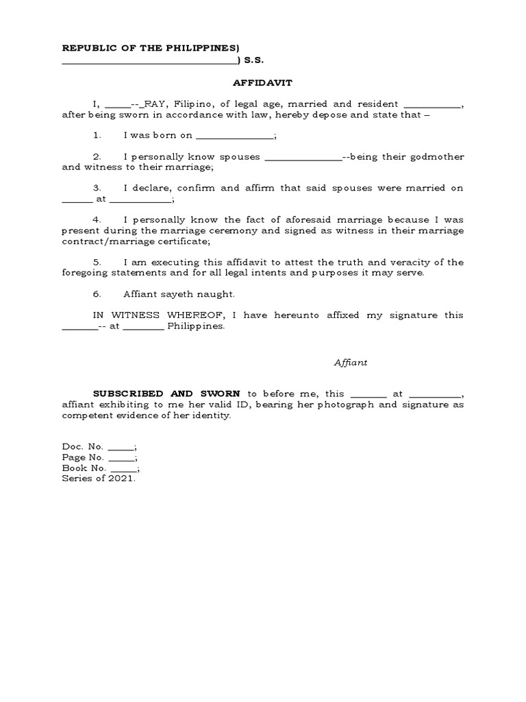 Marriage Witness Affidavit Sample | PDF