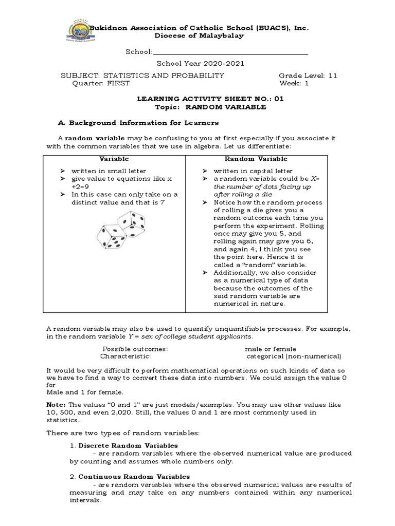 Subject: Statistics and Probability Grade Level: 11 Quarter: FIRST Week ...