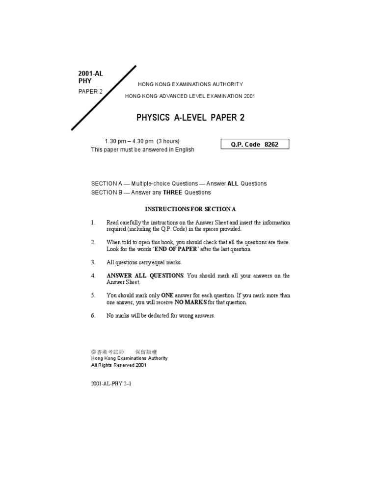 Physics A-Level Paper 2: 2001-AL PHY