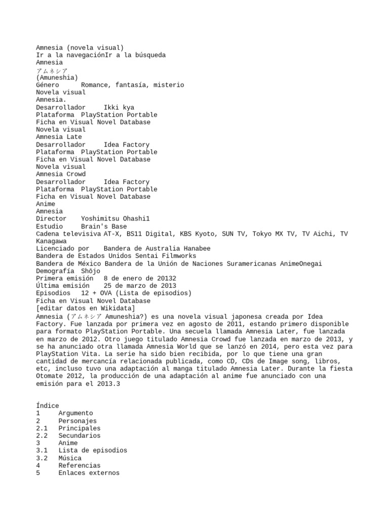 Amnesia: Novela Visual y Anime | PDF | Wikipedia