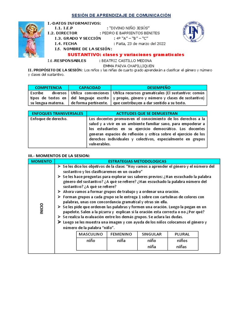 Sesion de Aprendizaje Genero y Numero Del Sustantivo | PDF | Sustantivo ...