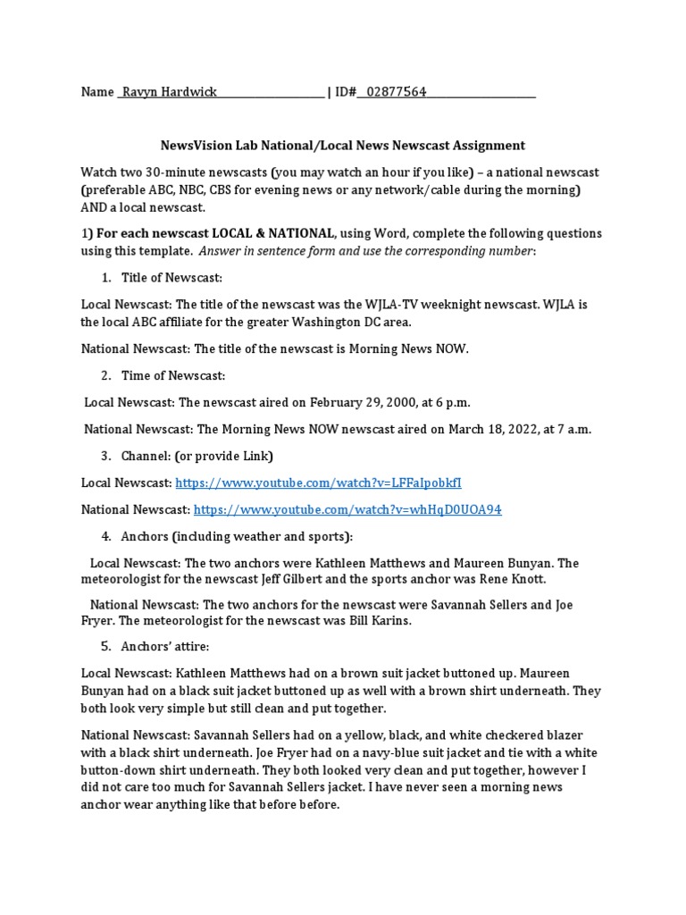 Newsvision Lab National/Local News Newscast Assignment | PDF | News ...