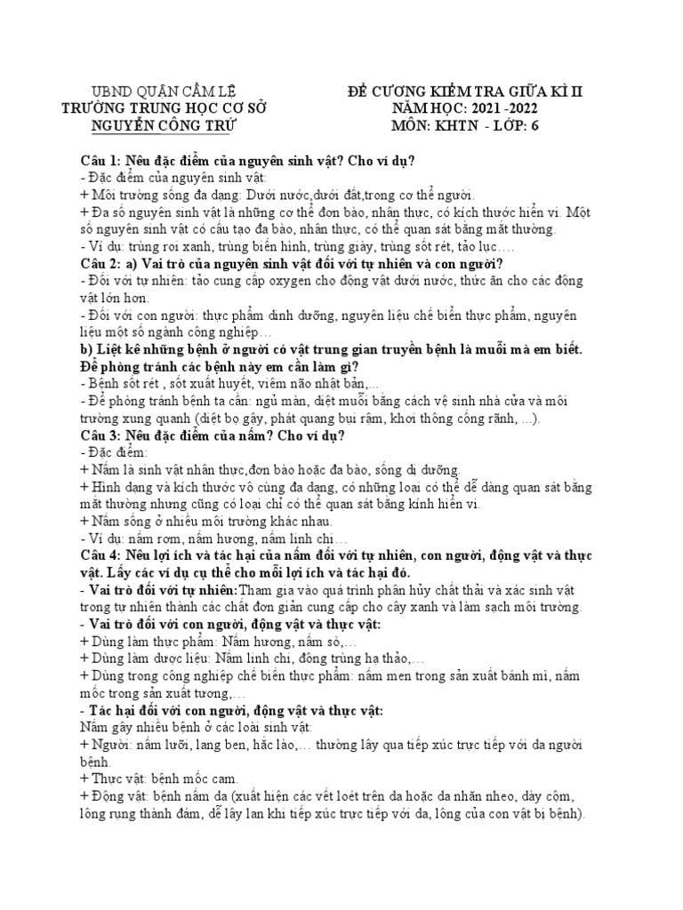 Đề cương khtn 6 giữa kì 2 | PDF