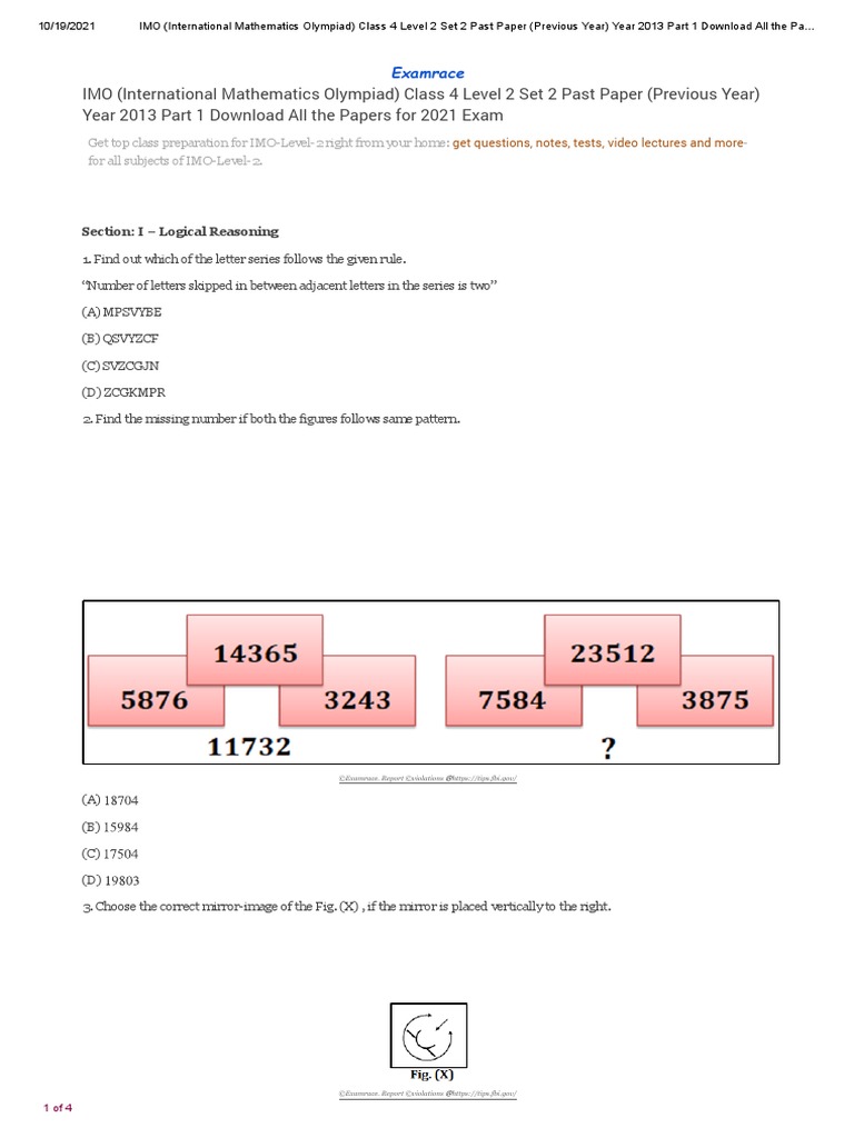 IMO (International Mathematics Olympiad) Class 4 Level 2 Set 2 Past ...