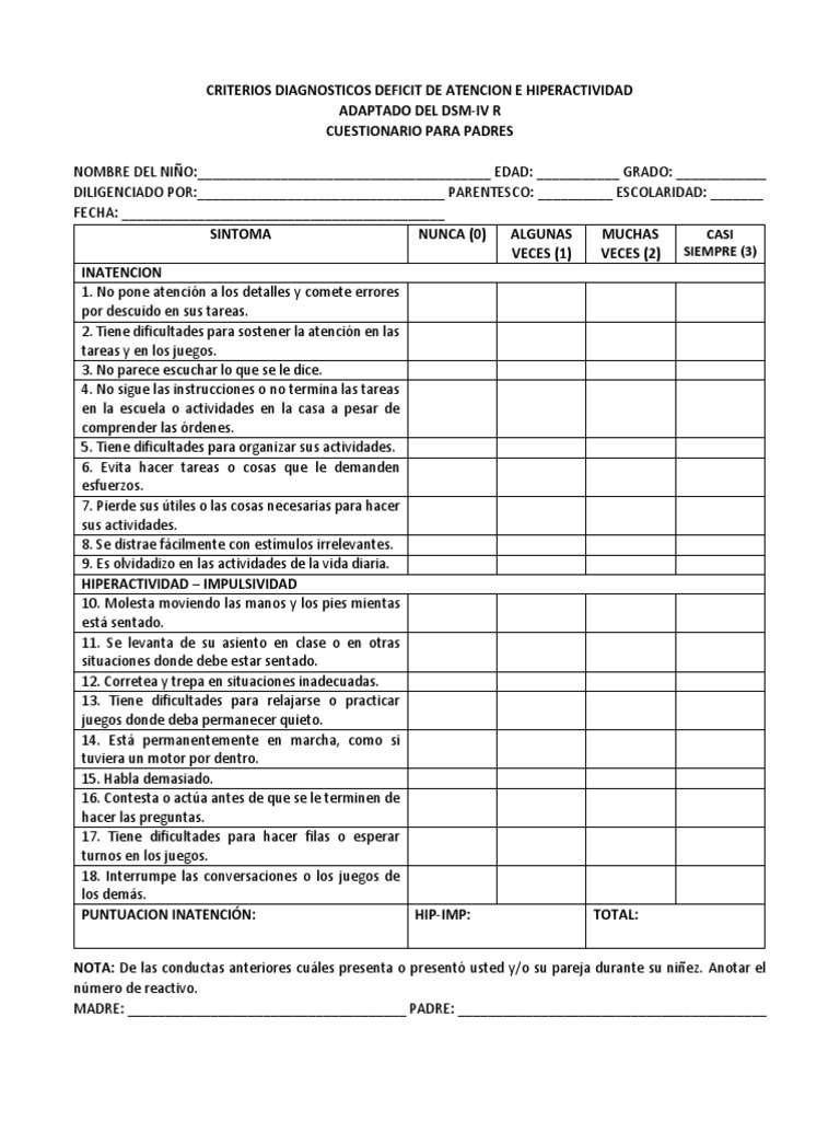 Criterios Diagnosticos de Trastorno de Deficit de Atencion e Hiperactividad | PDF | Desorden ...