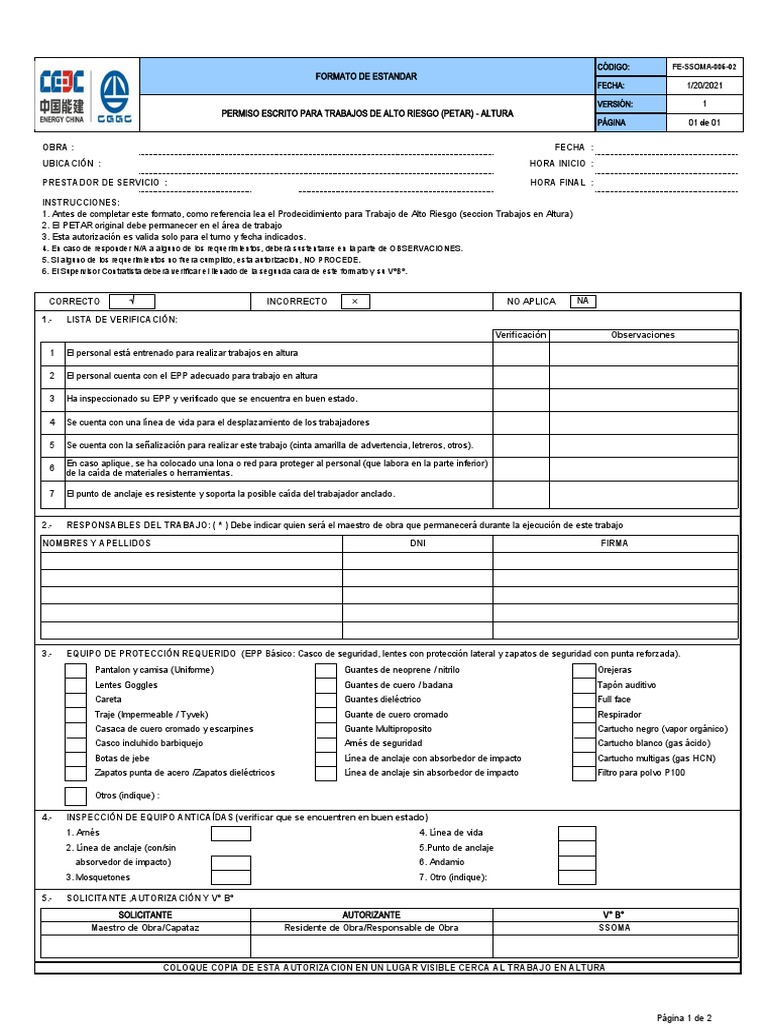 Fe-Ssoma-006-02 Permiso Escrito Trabajo de Alto Riesgo (Petar) Altura | PDF