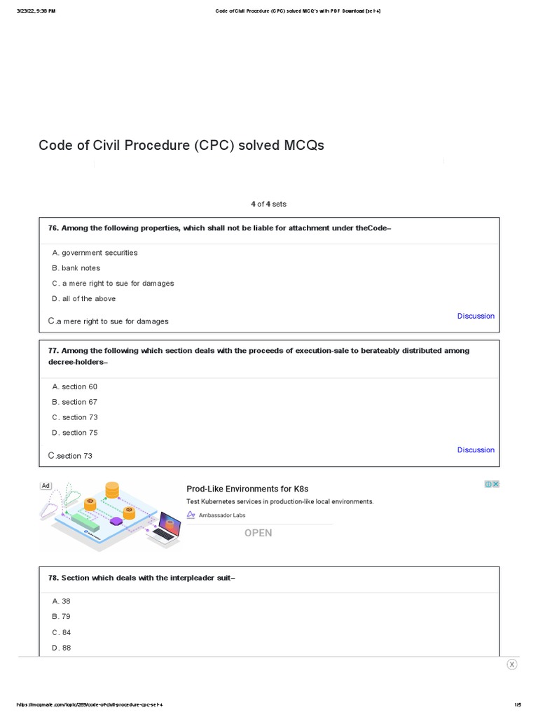 Code of Civil Procedure (CPC) Solved MCQ's With PDF Download (Set-4) | PDF | Res Judicata ...