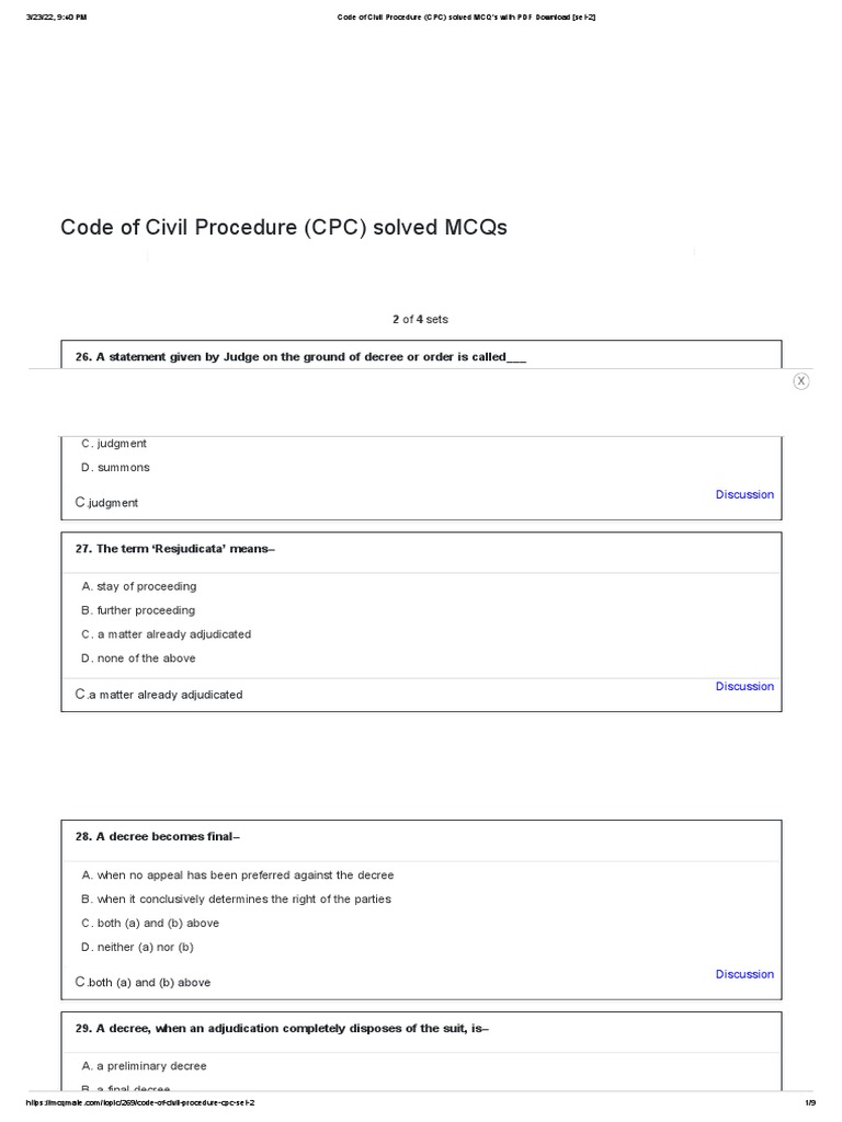Code of Civil Procedure (CPC) Solved MCQ's With PDF Download (Set-2) | PDF | Lawsuit | Decree