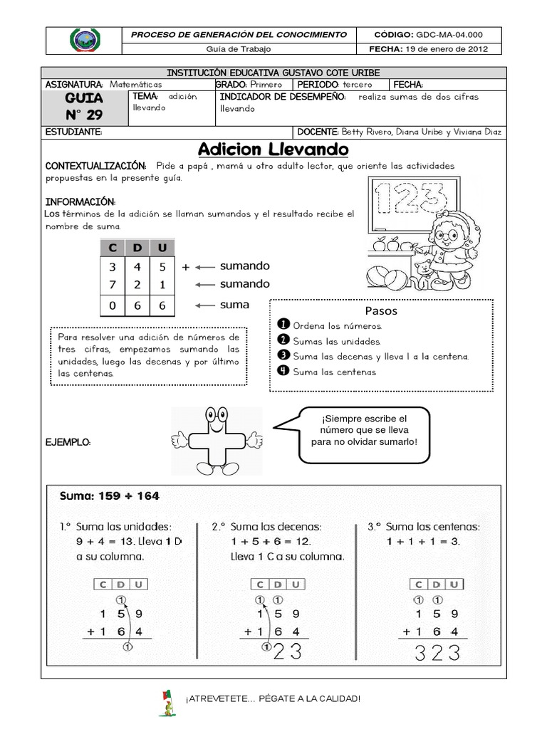 Guía 29 Adición Llevando - Matemáticas - Grado Primero | PDF