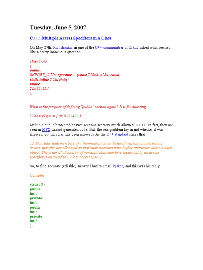 Tuesday, June 5, 2007: C++: Multiple Access Specifiers in A Class | Download Free PDF | C++ ...
