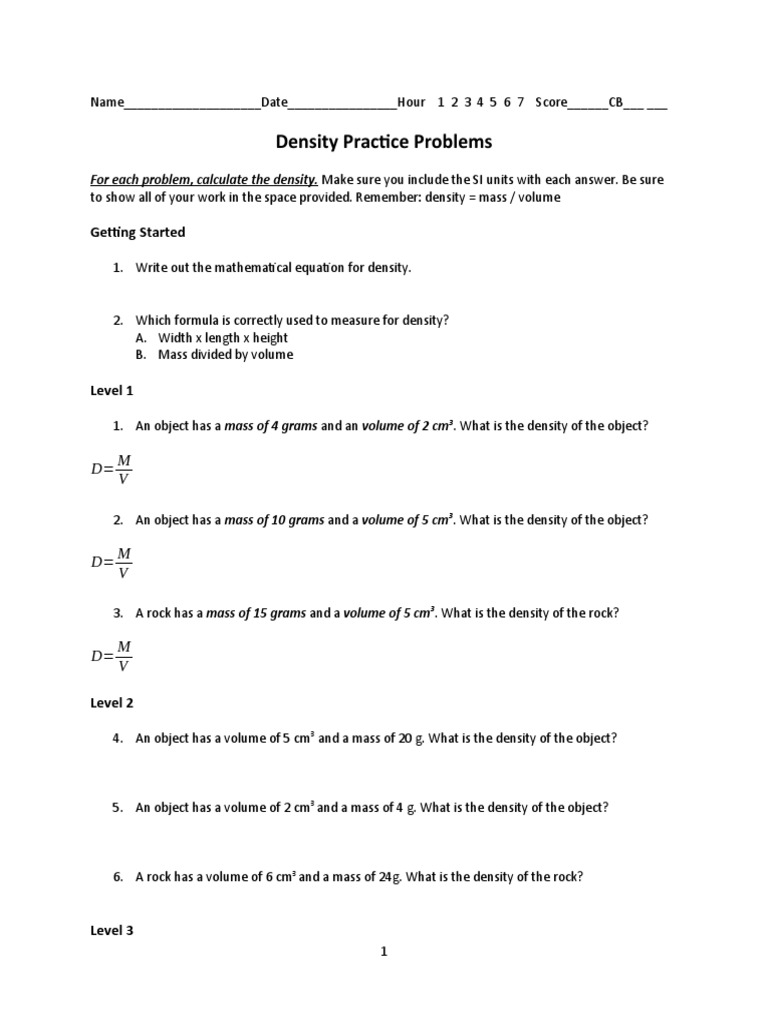 Density Practice Problems | PDF | Density | Volume