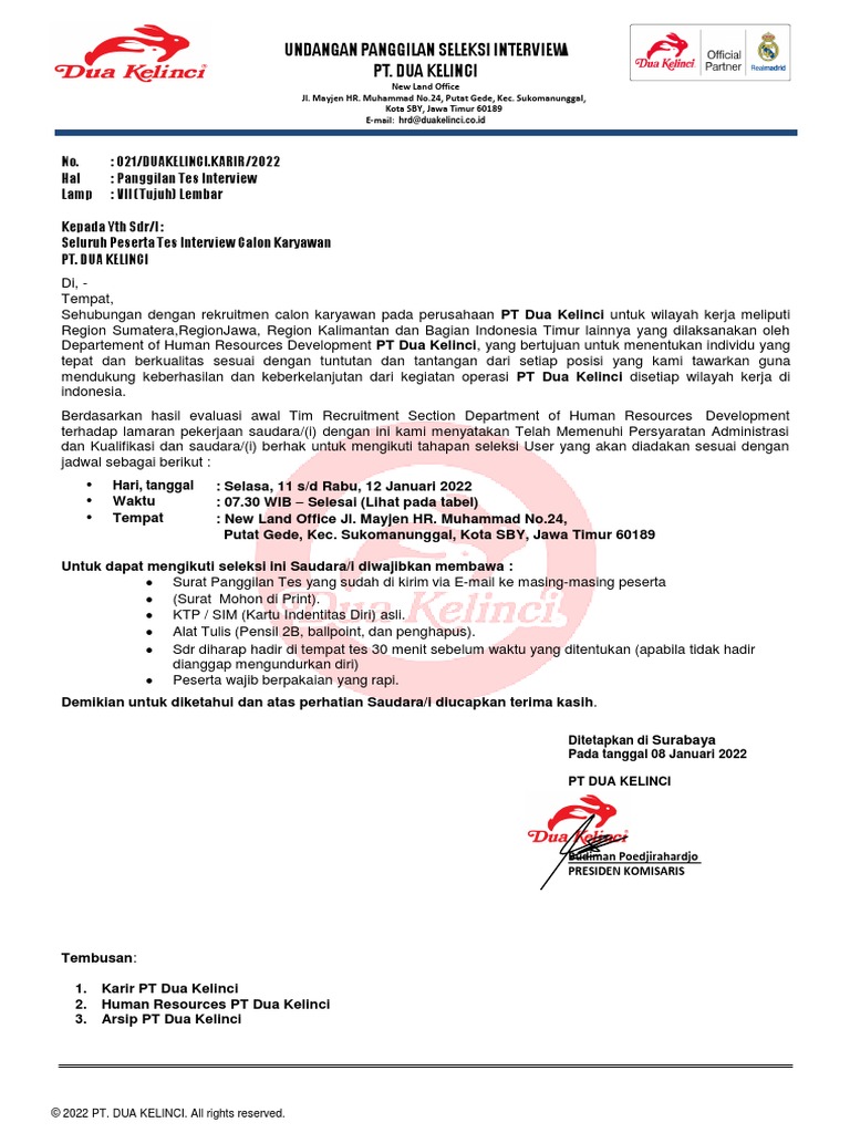 Surat Undangan Interview PT Dua Kelinci | PDF